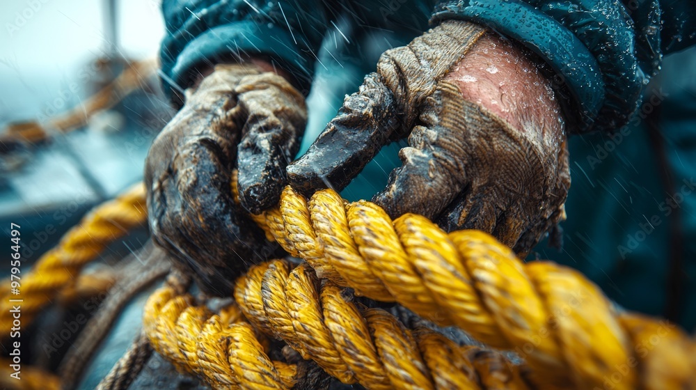 Detail of hands cleating off superyacht mooring lines on the foredeck ...