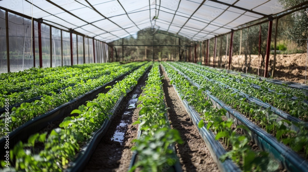 High-tech irrigation system automatically watering rows of crops ...