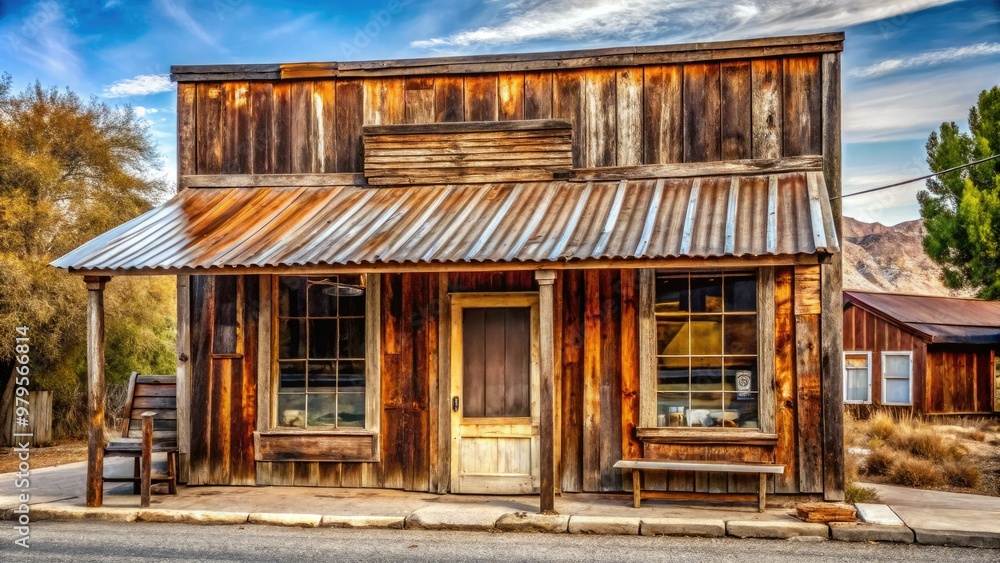 Rustic wooden storefront with corrugated metal roof and distressed ...