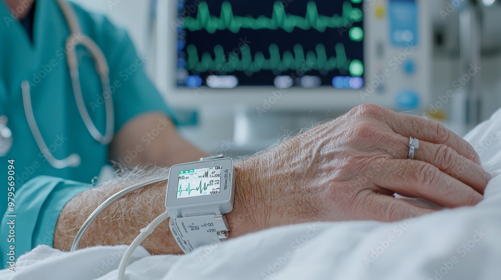 Hand taking a patient pulse at the wrist during a routine checkup ...