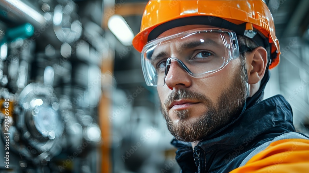 Factory worker wearing safety gear and helmet, operating large ...