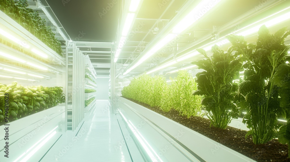 ภาพประกอบสต็อก Vertical farming in a futuristic warehouse, utilizing ...