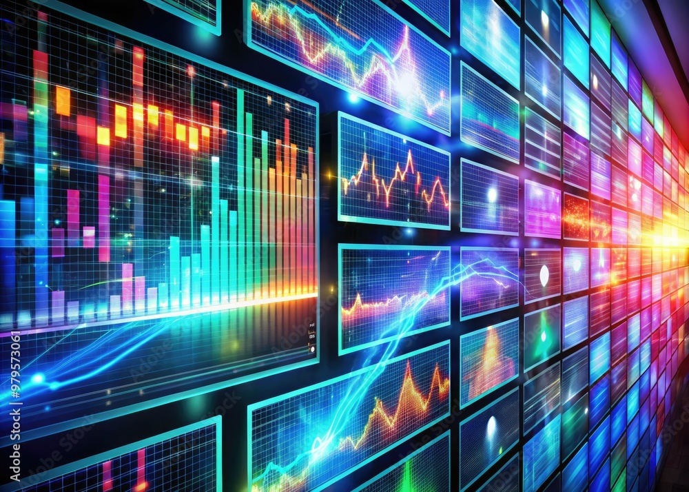 Vibrant digital waveform graphs and colorful coding screens glimmer in ...