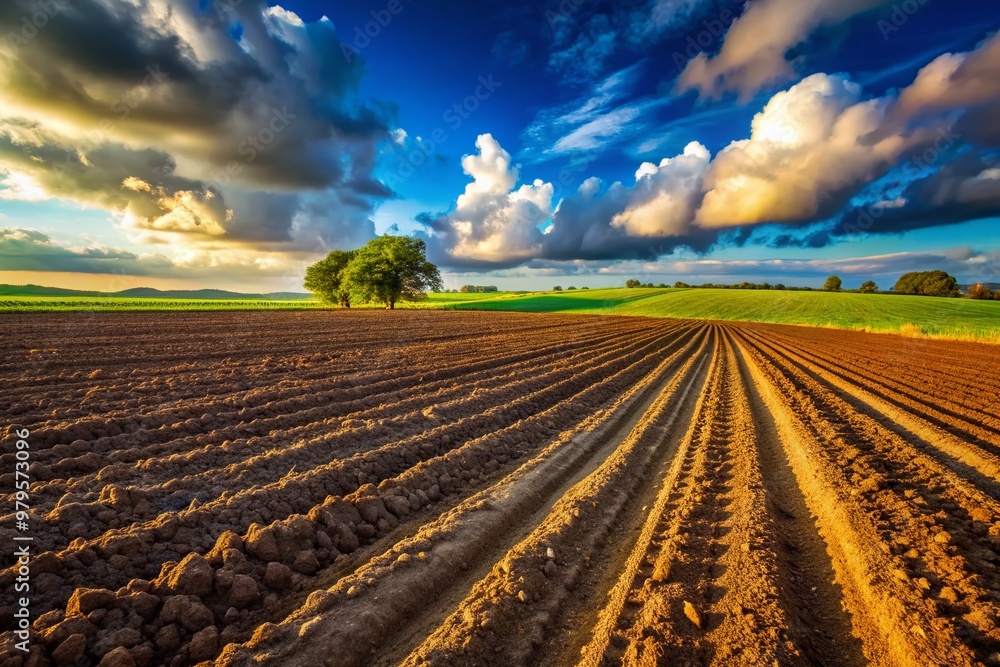 Freshly plowed arable land with clods of dirty ground, awaiting sowing ...