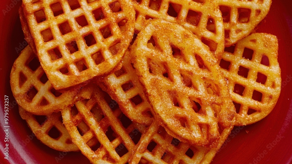 Close-up top view photograph of crispy waffle fries with a golden-brown ...