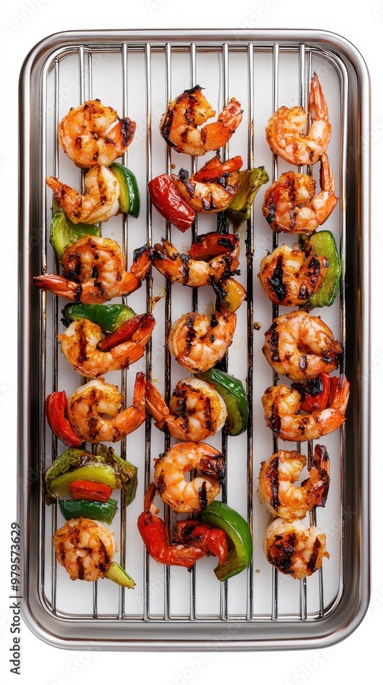 Top view of delicious grilled shrimp and veggies on a stainless steel ...