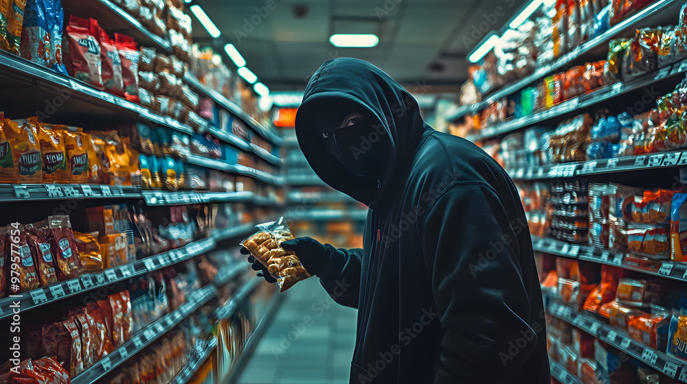 In a dimly lit store aisle, a thief in a mask and hoodie covertly ...