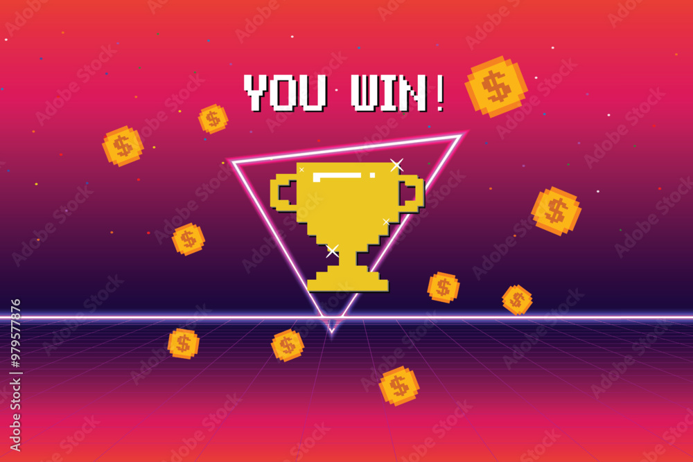 8-bit pixel art with text "You Win" and a big golden cup and gold coin ...