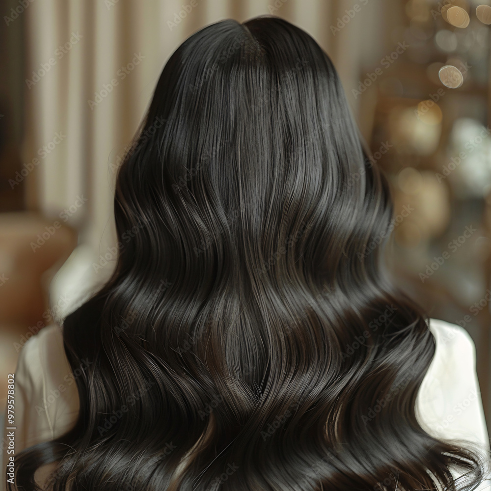Back view of glossy black wavy hair with voluminous curls, displayed in ...