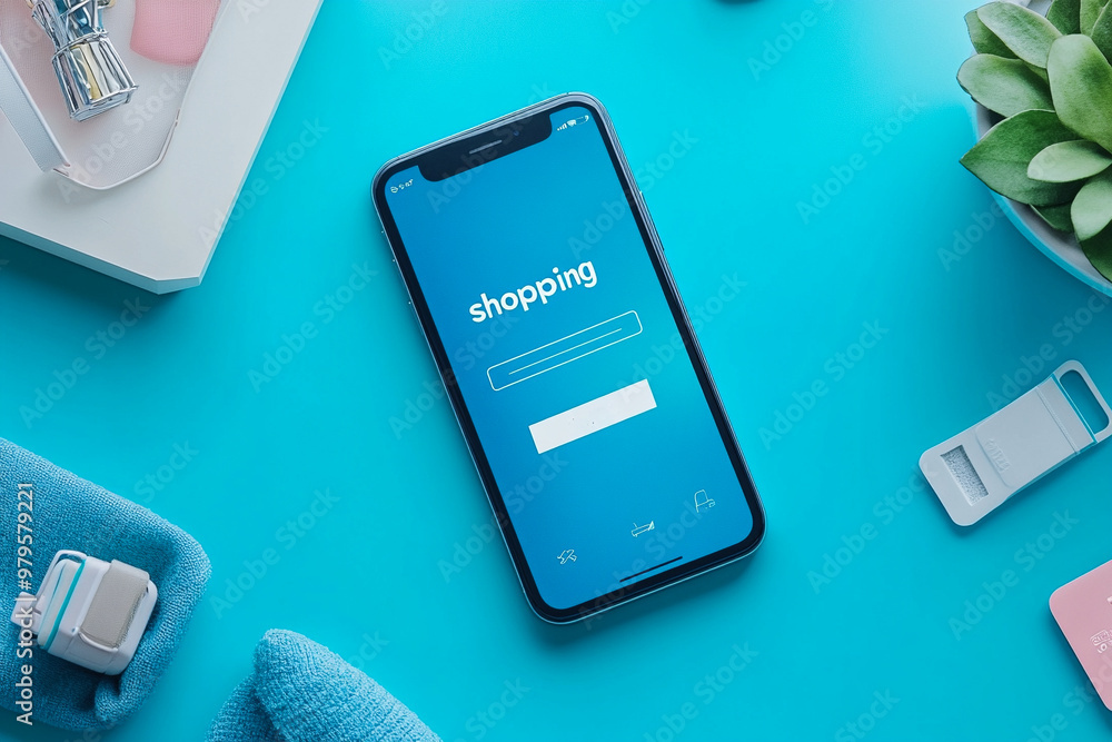 Smartphone displaying a shopping app login screen on a blue desk setup ...
