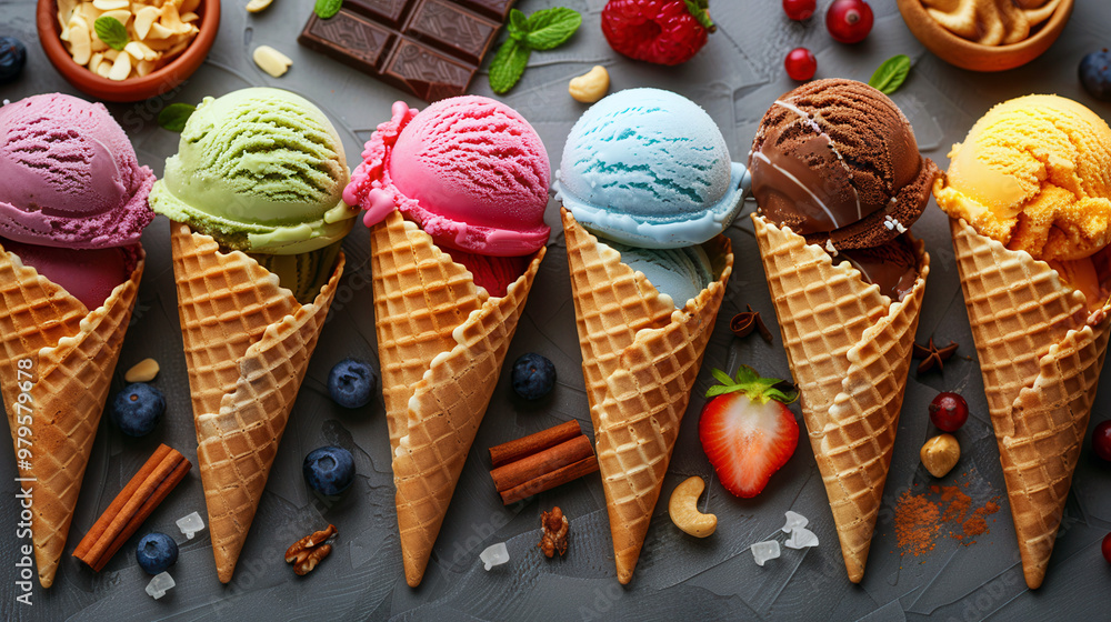 Vibrant ice cream scoops in crispy waffle cones, chocolate, fruits ...