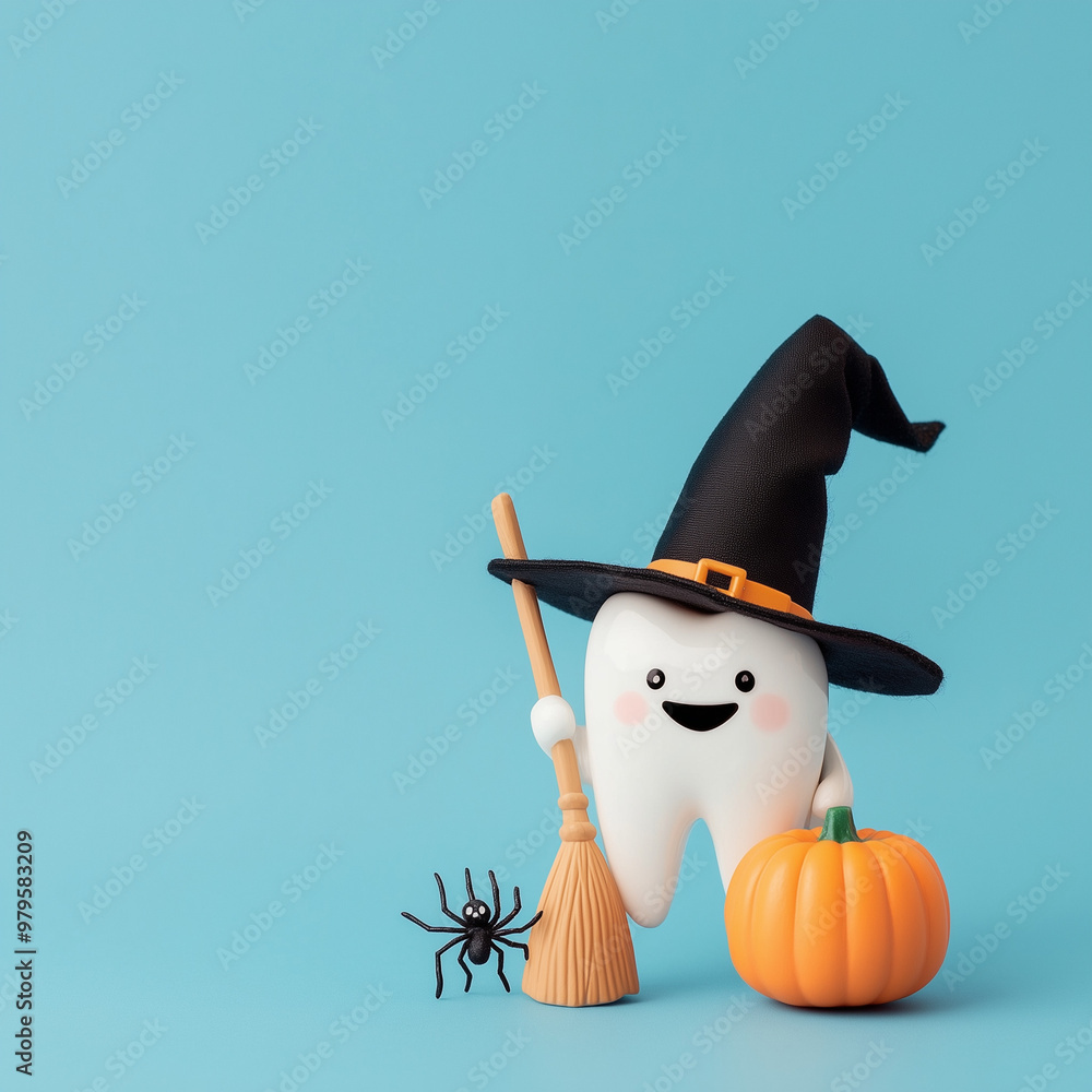 blue banner background, a tooth figurine wearing witch hat hold a broom ...