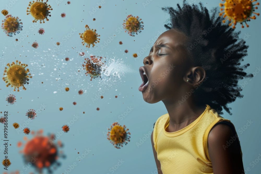 Health awareness shown young girl sneeze and its effects. Small girl ...