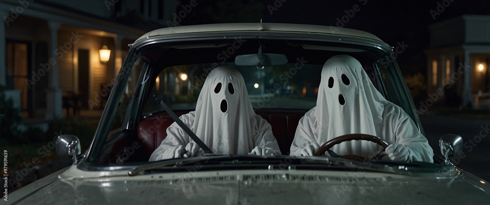 Ghostly Joyride: Two mischievous ghosts cruise through a sleepy ...