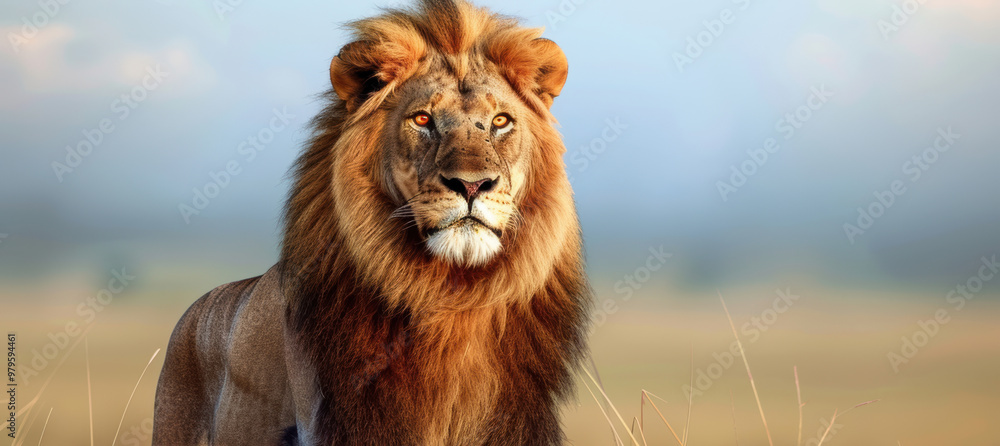a lion standing in the open savanna, its mane catching the evening ...
