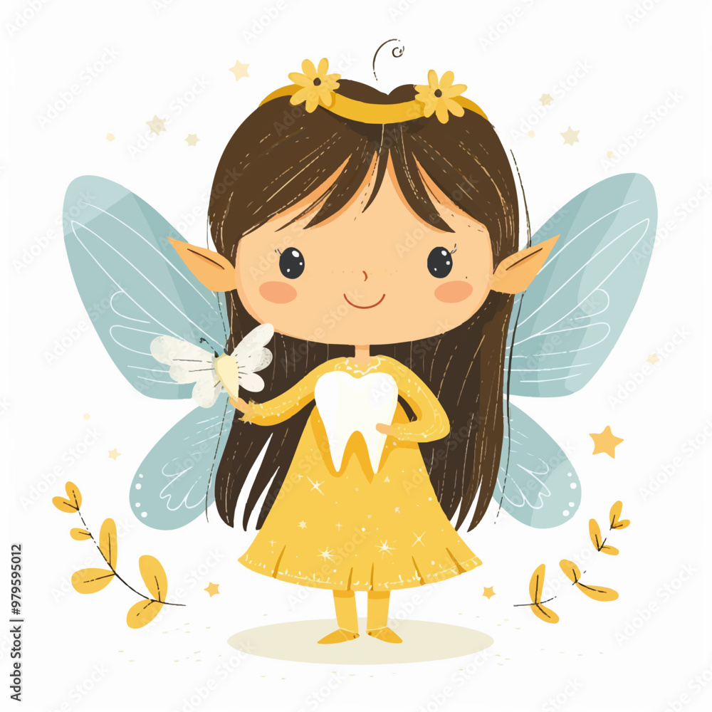 Tooth fairy in a caron and with a magic platter. The tooth fairy holds ...