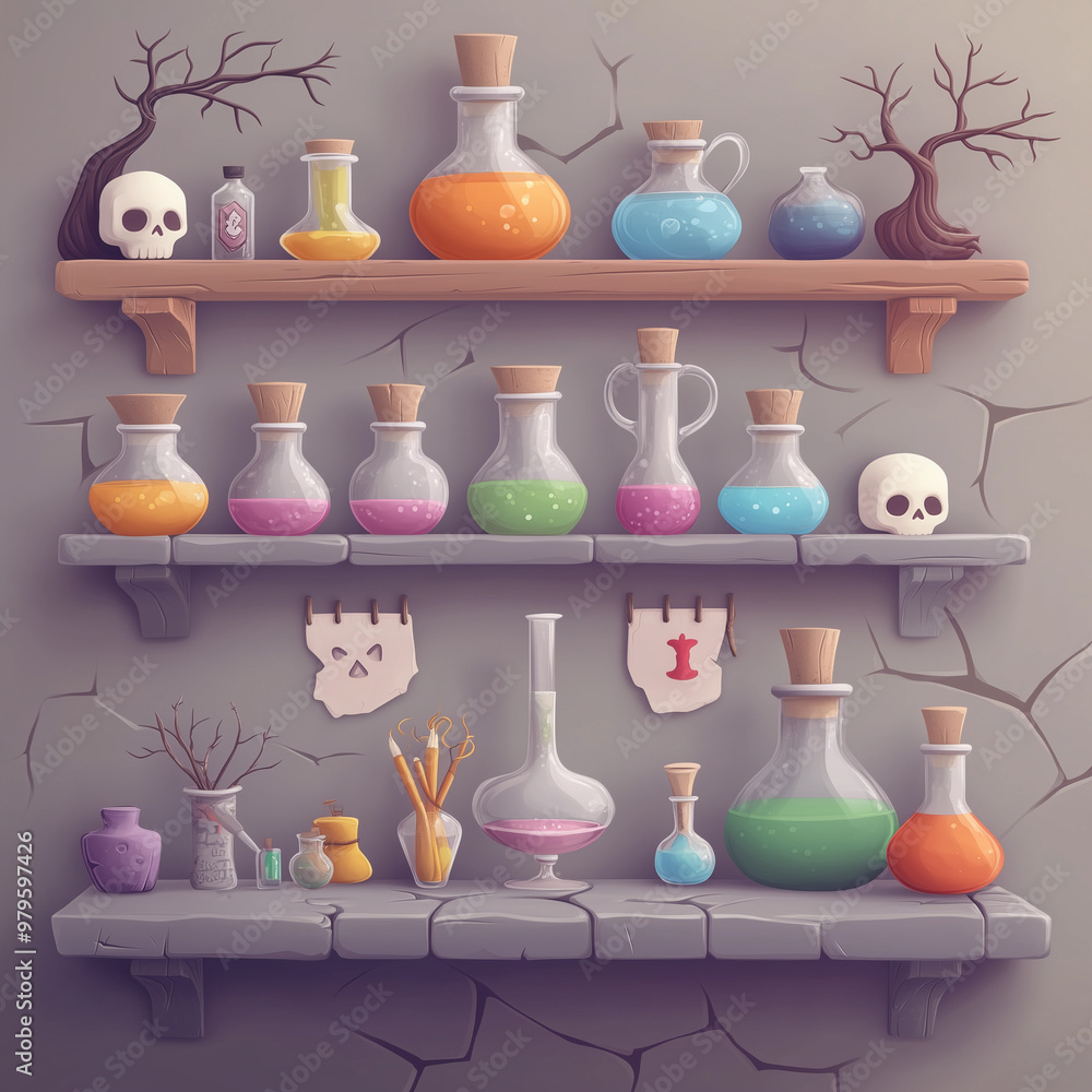 Alchemist workbench cartoon vector scenes. Skulls potions brews vials ...