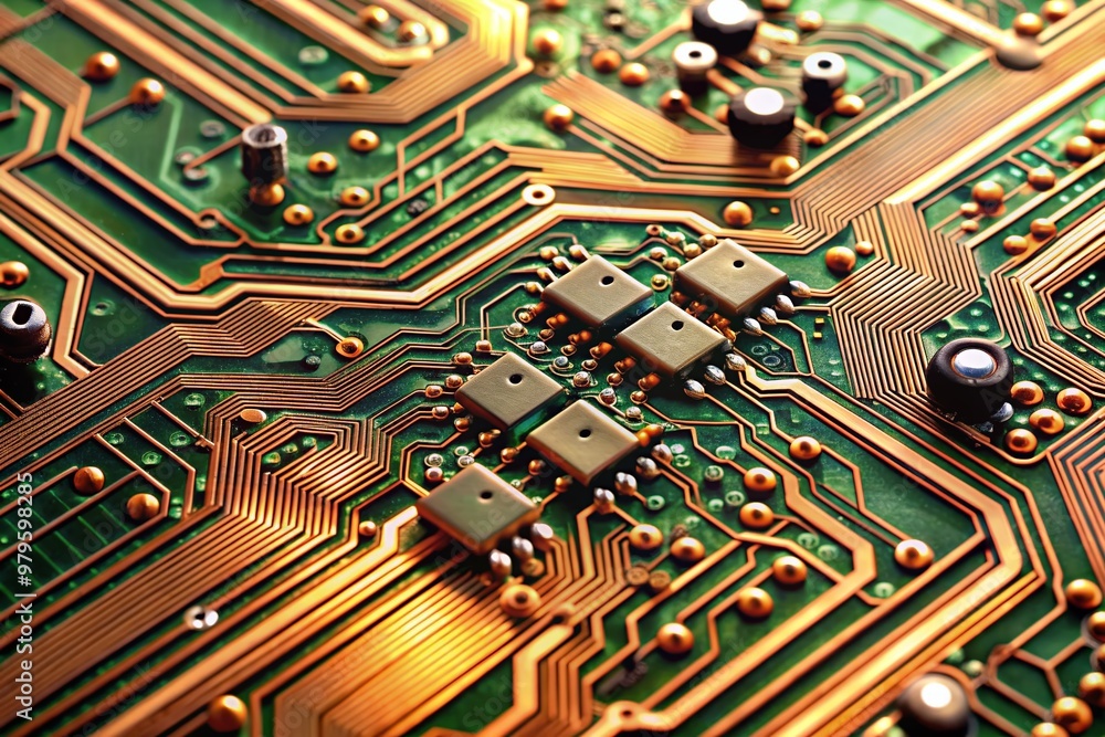 Macro view of a printed circuit board showing intricate layout of ...