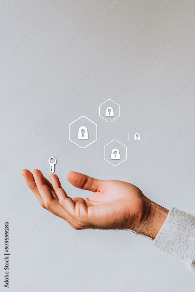 A hand is reaching out, accessing floating digital keys and lock ...