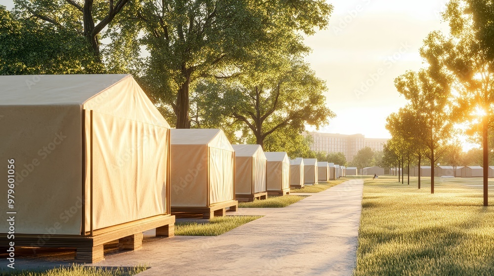 Satellite perspective of temporary shelters and quarantine zones set up ...