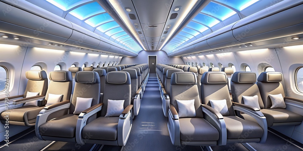 Modern Airbus economy cabin interior features pristine seats, soft ...
