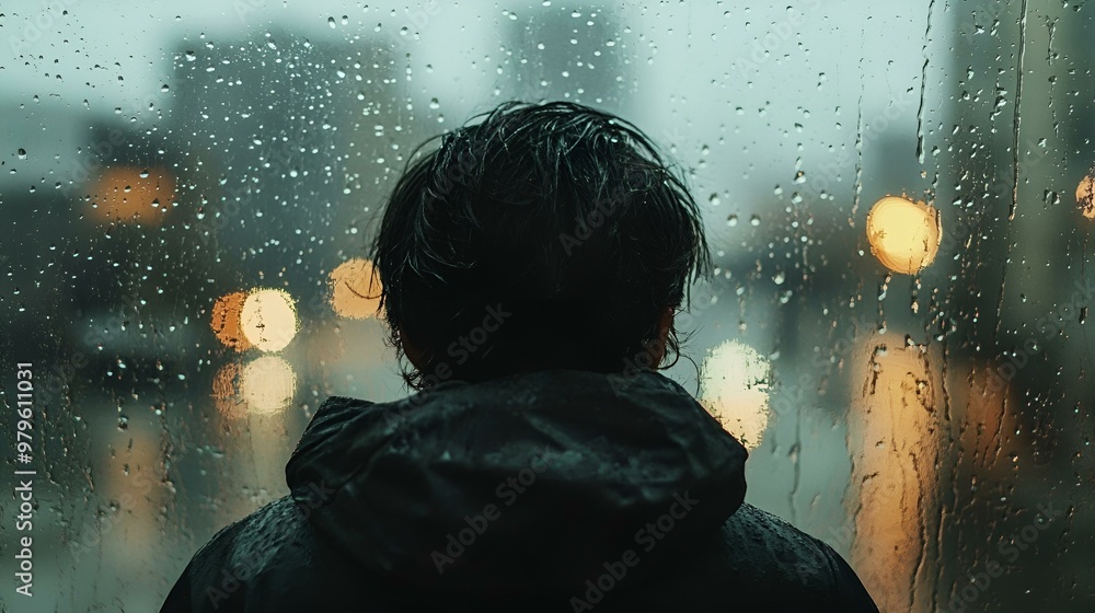 Woman gazing through window, child playing in rain, beauty in fantasy ...