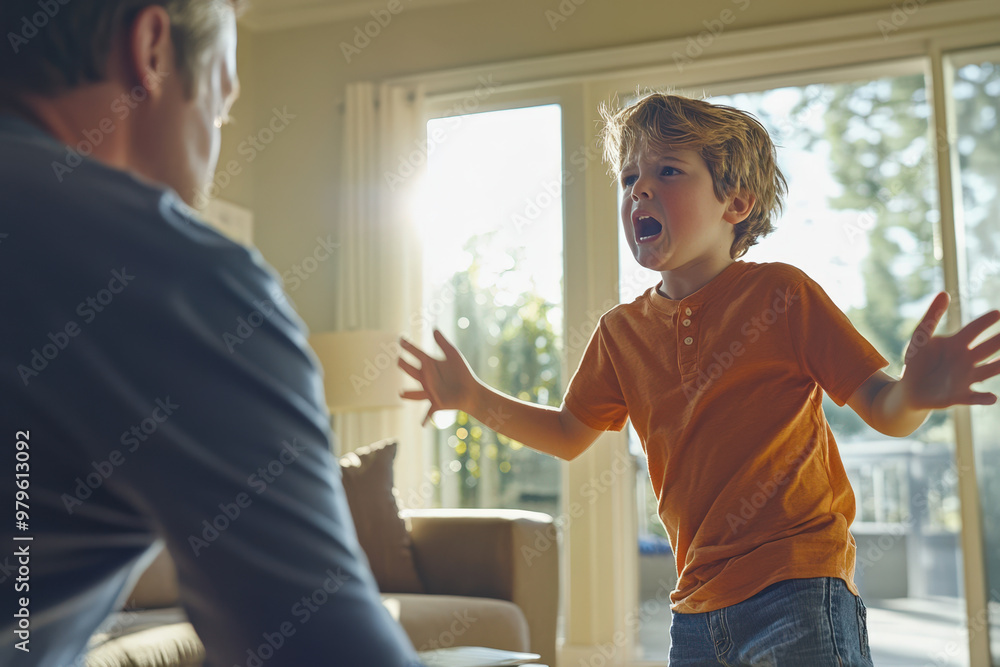 Frustrated young boy is yelling with his arms outstretched at his ...