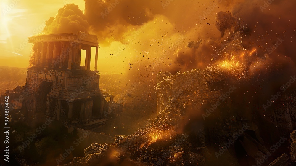 An ancient temple stands amidst a fiery apocalypse, smoke billowing ...