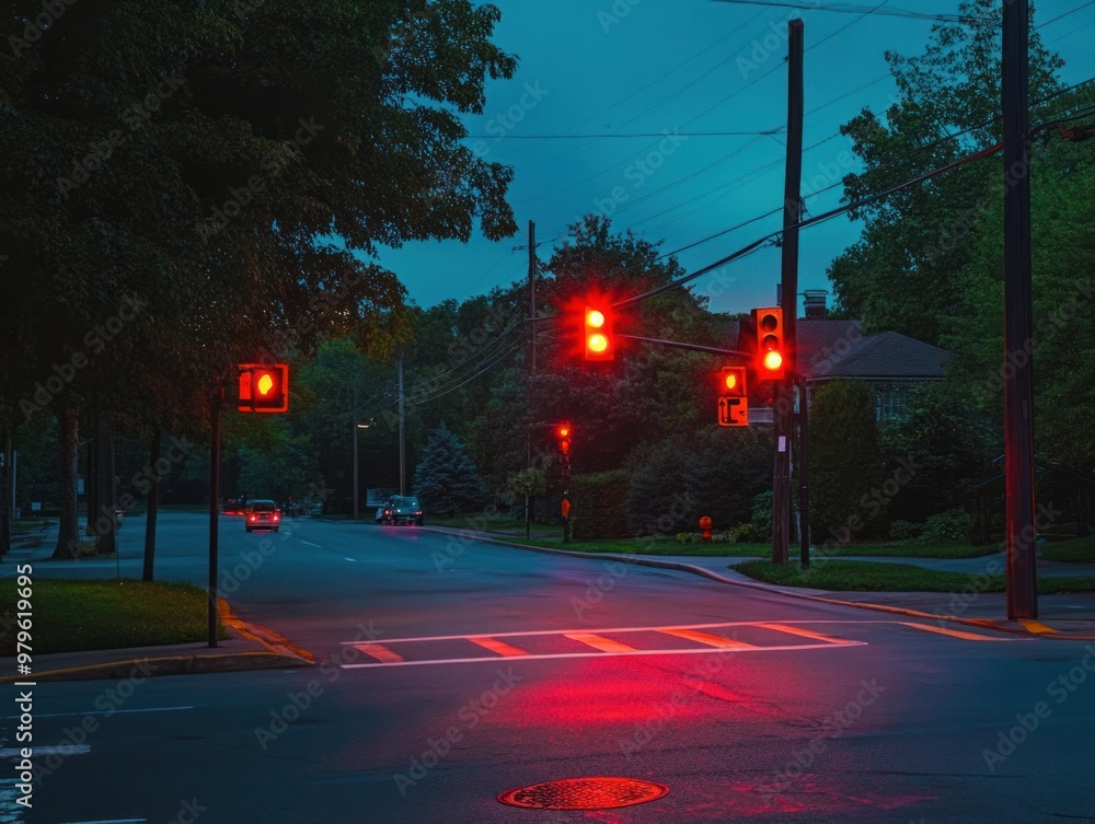 Brightly colored reflective traffic signs on a suburban street ...