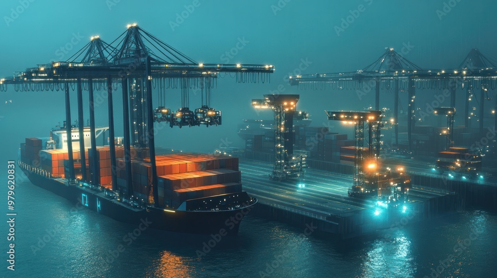 Futuristic container shipping with automated systems loading and ...