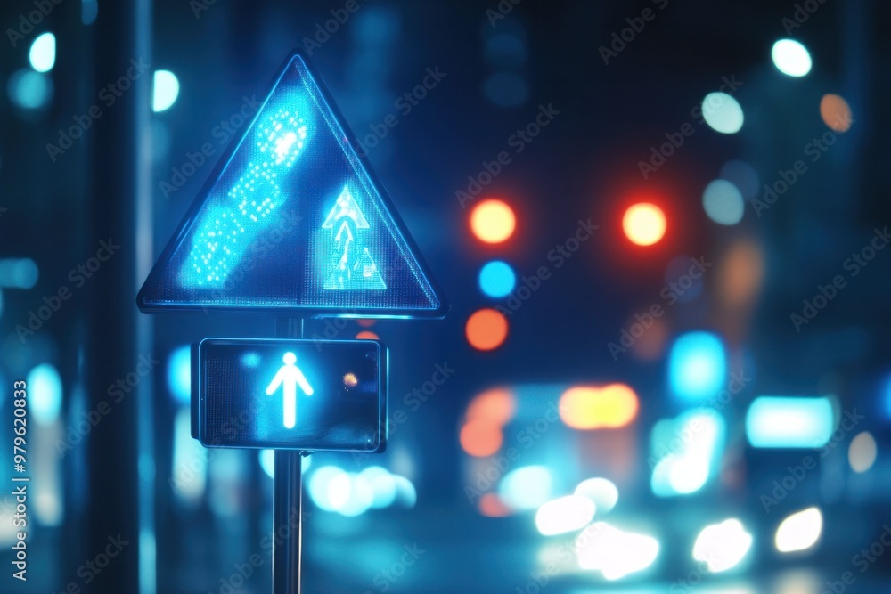 Futuristic reflective traffic signs in a smart city, reacting to ...