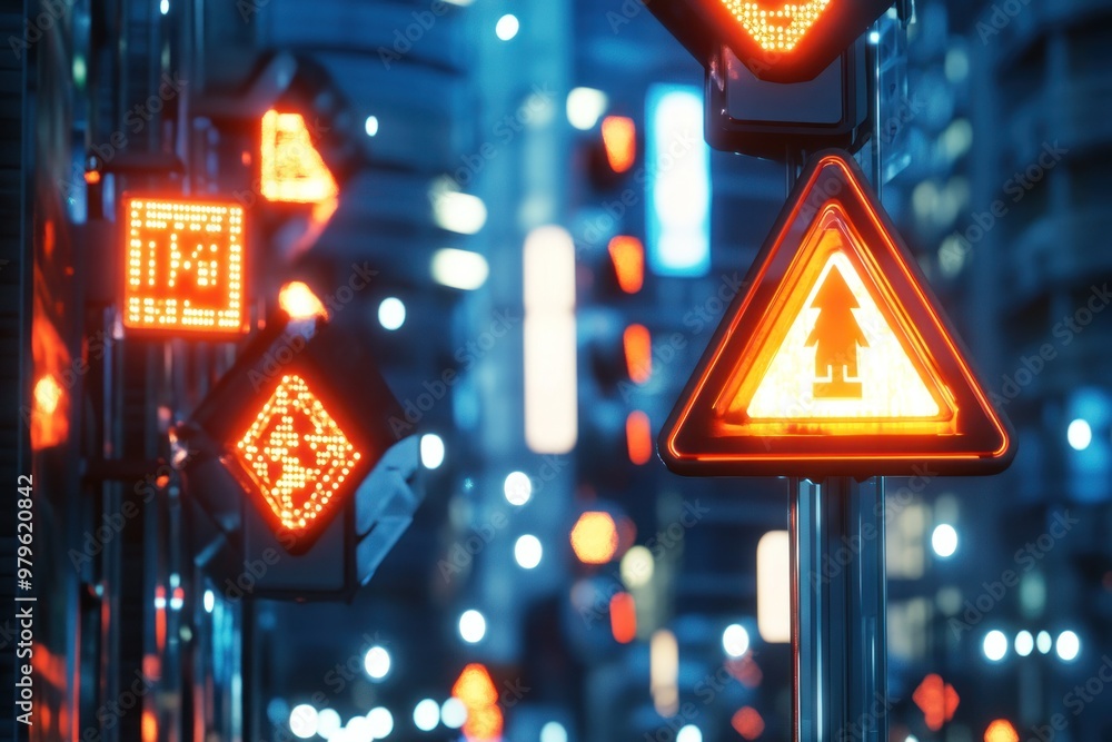 Futuristic reflective traffic signs in a smart city, reacting to ...