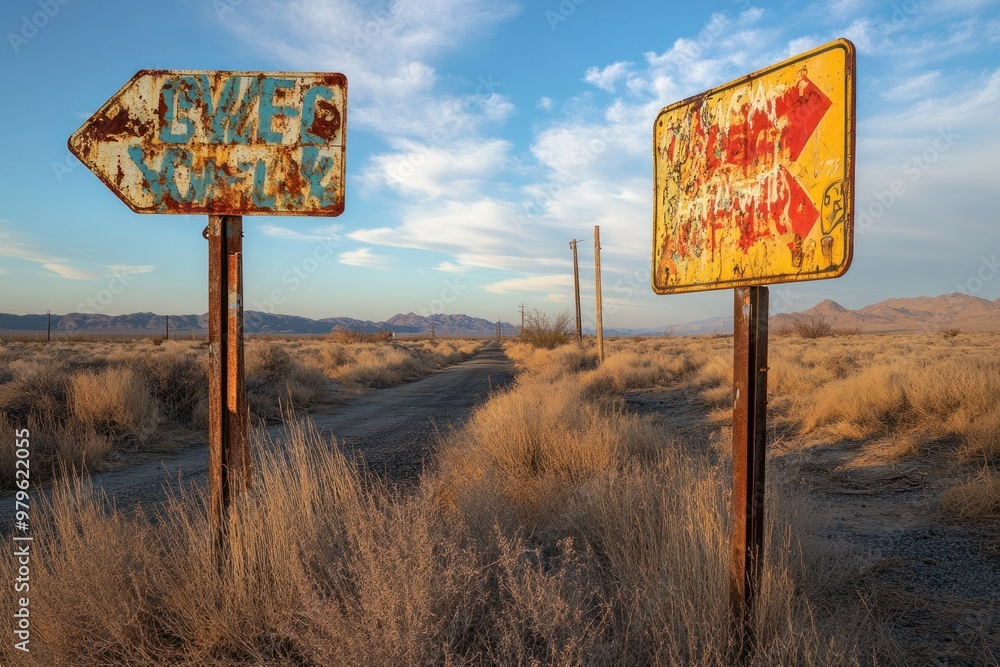 Old highway signs covered in rust and graffiti, located on a forgotten ...