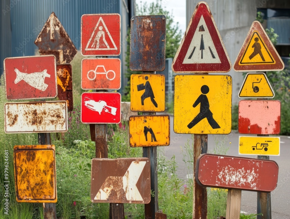 Vintage traffic signs from different decades, displayed as part of an ...