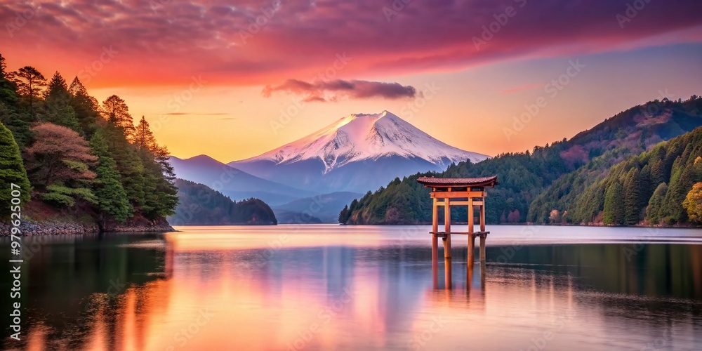 Serene Japanese landscape featuring iconic Torii Gate at Lake Ashi in ...