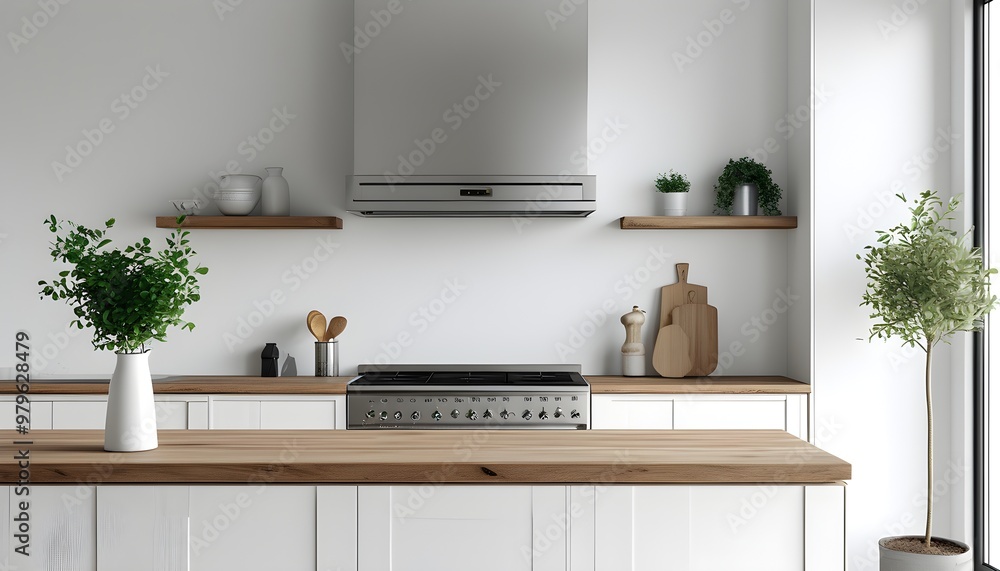 Sleek silver cooker hood in a pristine minimal kitchen with wooden ...
