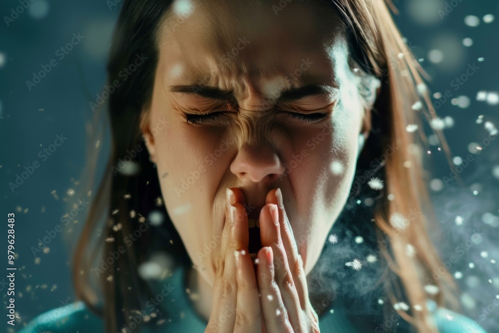 This image shows young woman sneezing energetically germs spreading out ...