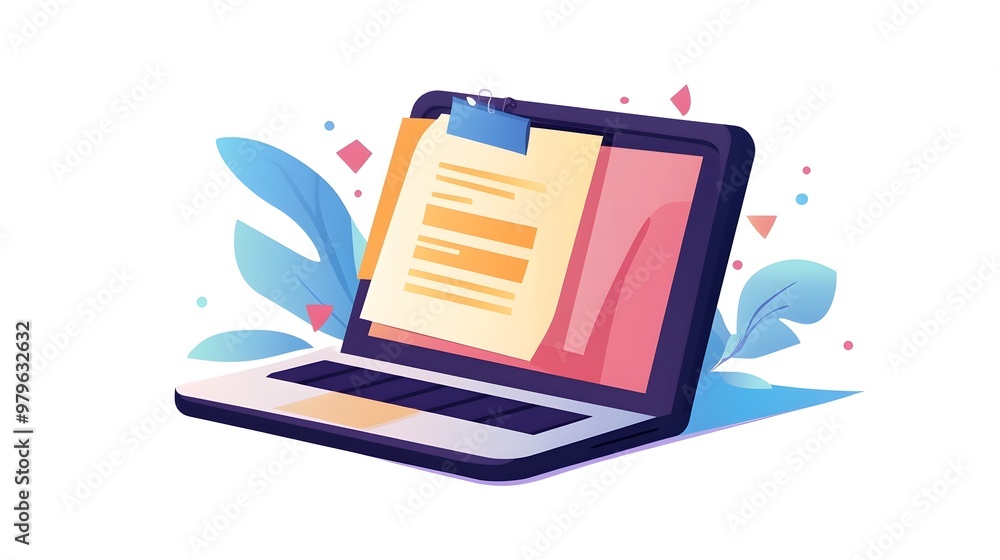 Laptop computer with document file on screen representing digital ...