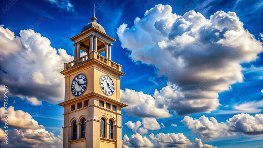 Tall clock tower stands isolated against a serene blue sky dotted with ...