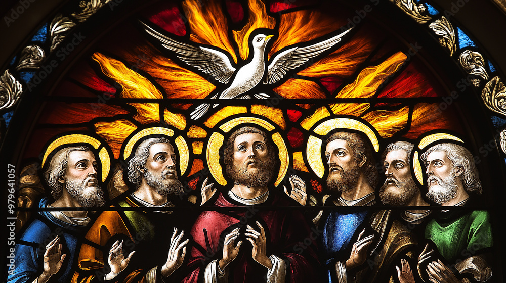 Stained glass depicting pentecost with the descent of the holy spirit ...