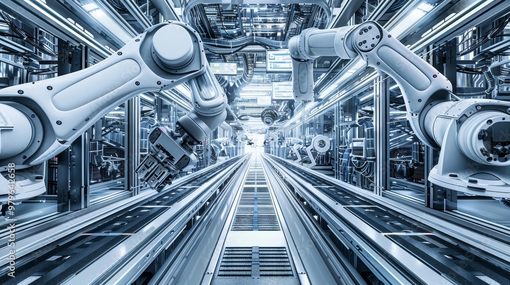 Advanced electric vehicle battery production line with robotic arms ...