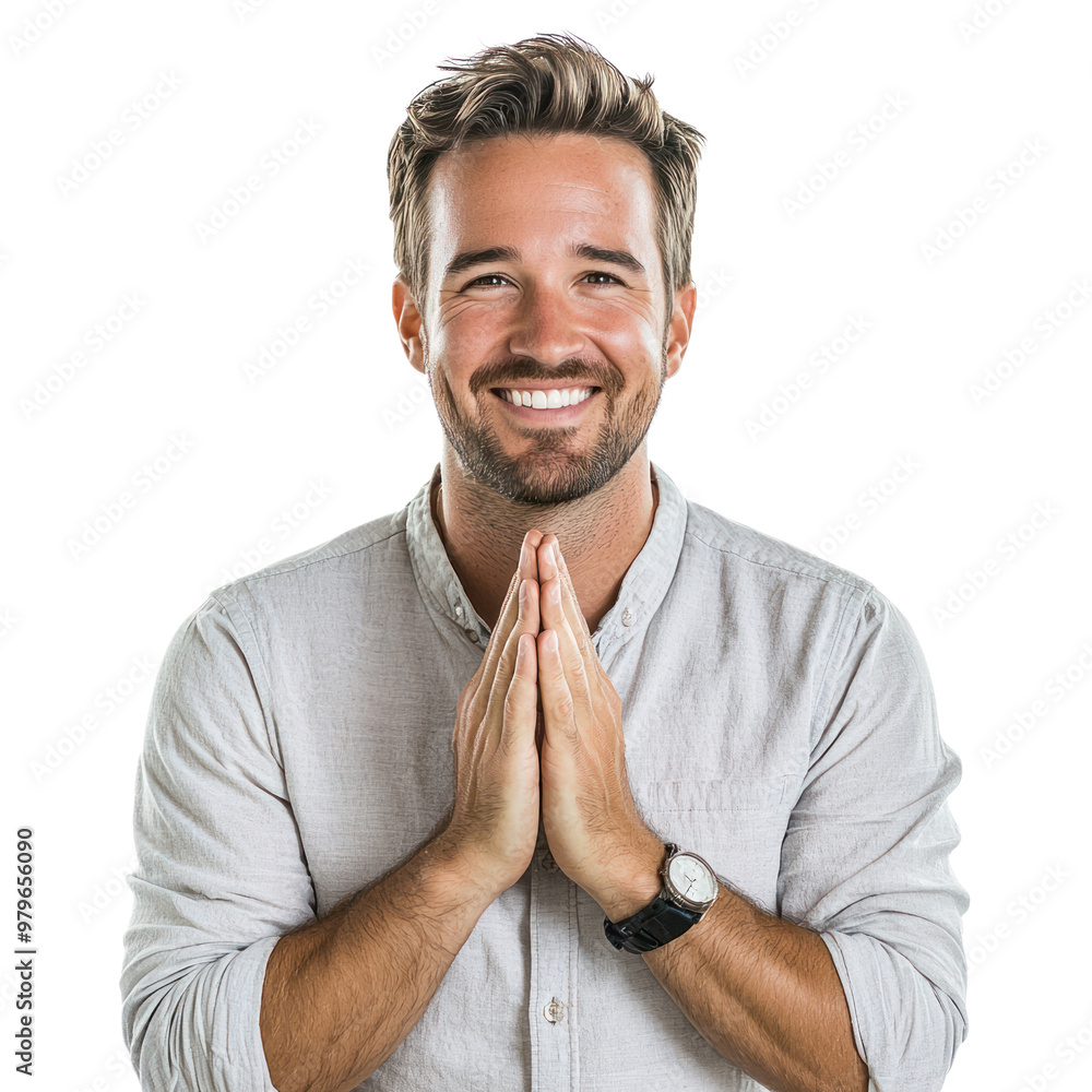 A man with his hands clasped together in front of his chest and a ...