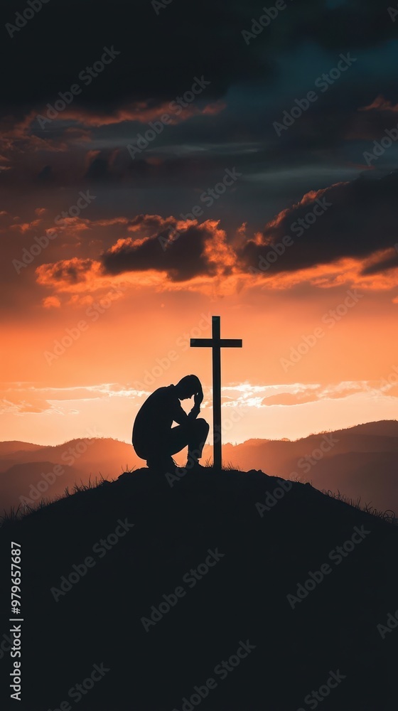 Silhouette of a person kneeling in prayer under a cross on a hill ...