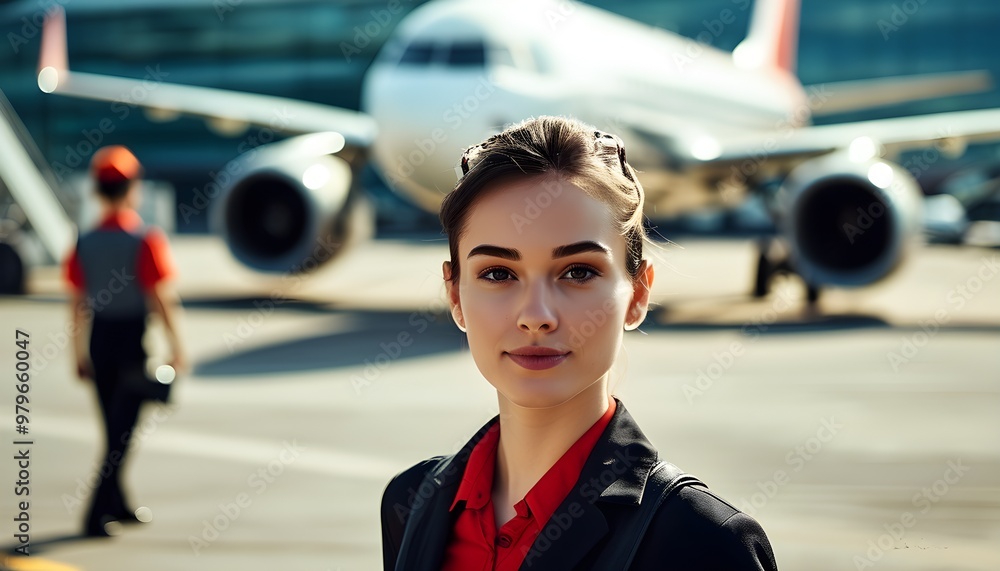 Confident young woman posing by airplane as airport ground crew ...