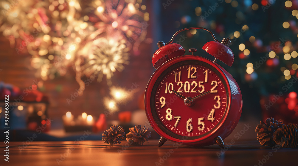 3D cartoon alarm clock with the numbers 2025 as countdown dials ...