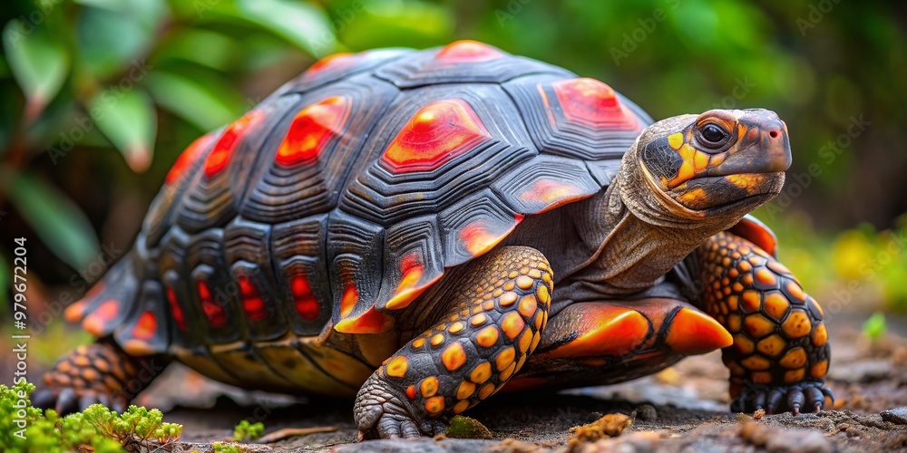 Vibrant red-footed tortoise displays its dark, bumpy shell with lighter ...