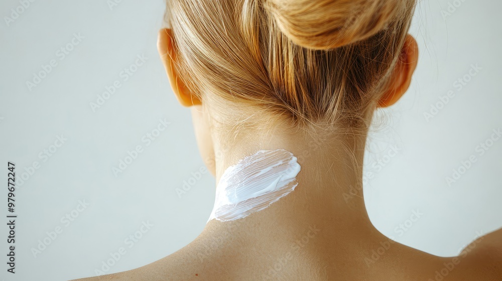 Sunscreen being applied to the back of neck, with a white studio ...