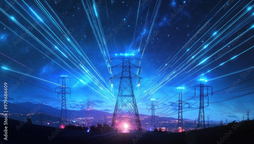 A blue sky with a starry night, high-voltage power lines, and an ...