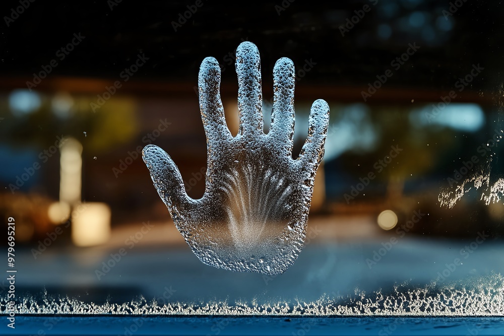 A ghostly handprint on a fogged-up window, appearing without ...