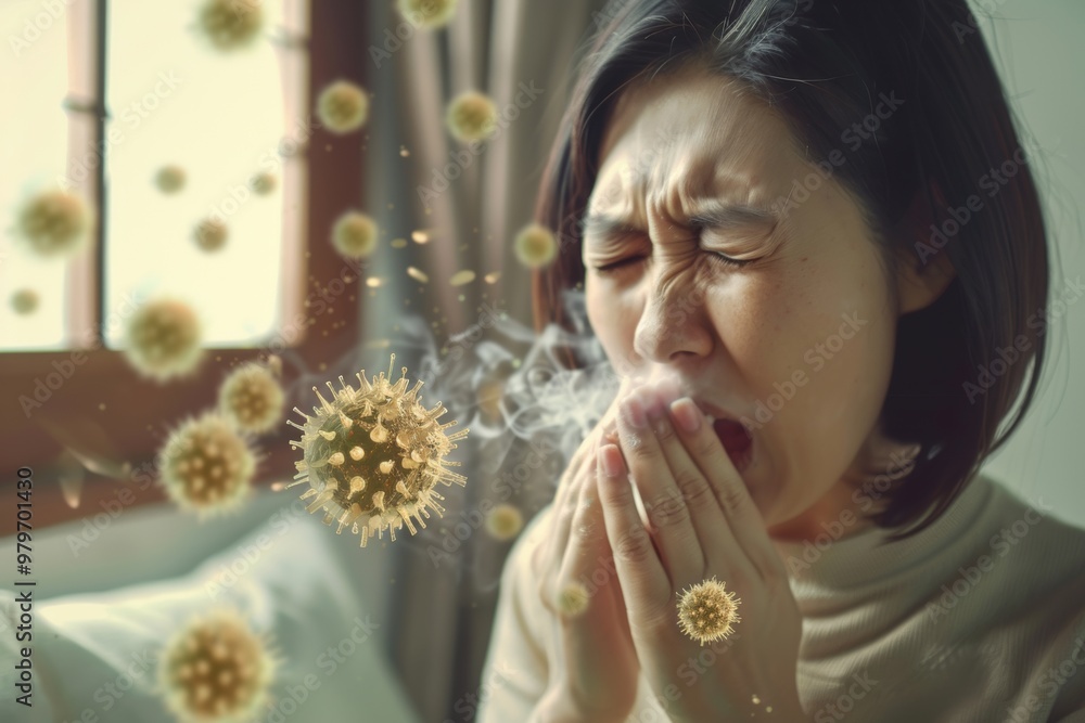 Health awareness asian middle-aged woman sneezing spreading small germs ...